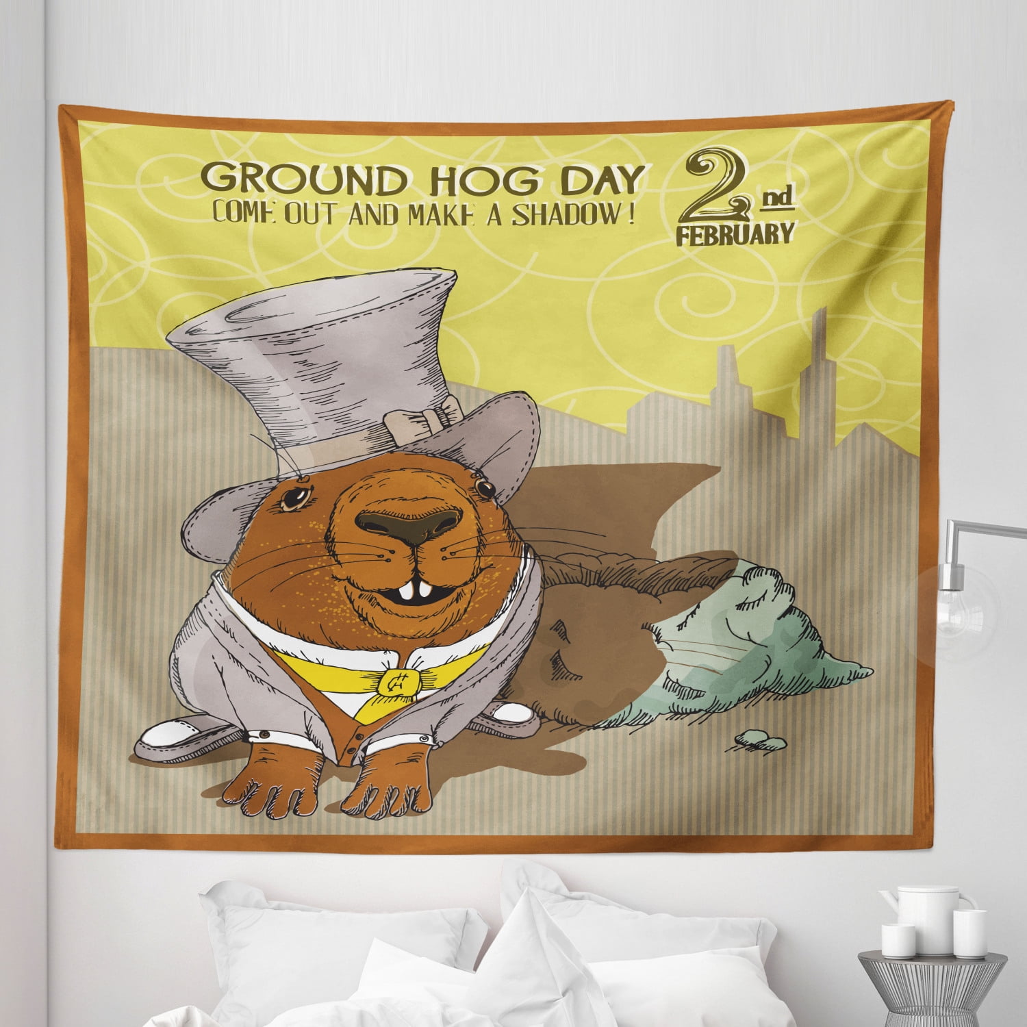 Groundhog Day Tapestry, Vintage Doodle Sketch Style Design of Marmot in ...