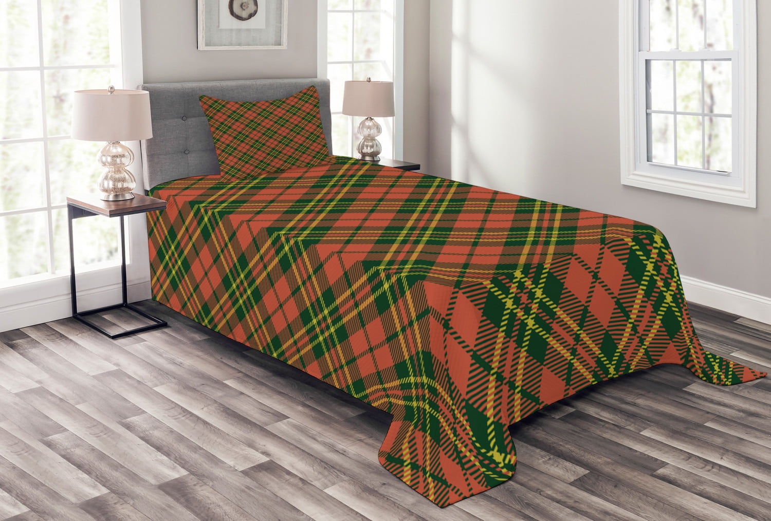 Checkered Bedspread Set Twin Size, Irish Tartan Plaid Motifs in ...