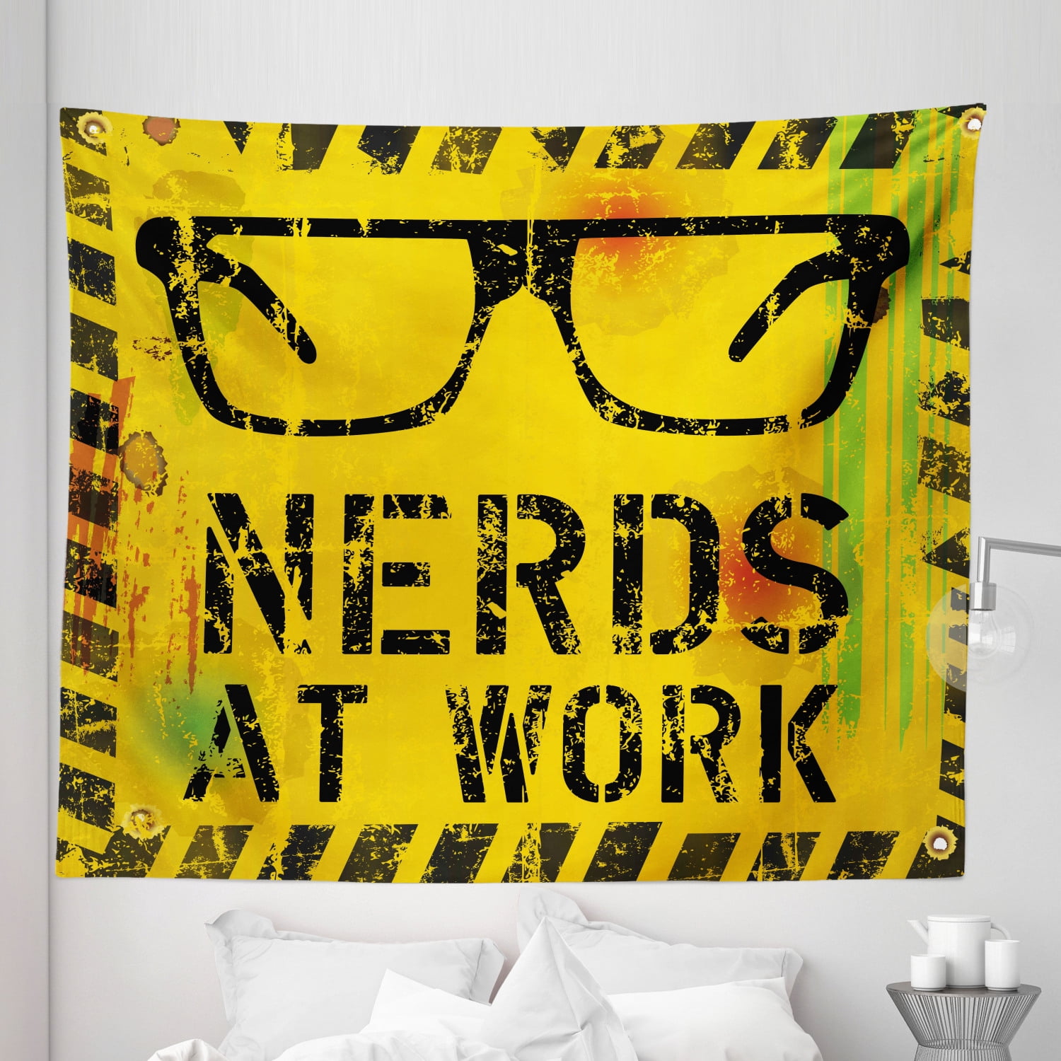 Retro Tapestry, Nerds at Work Grunge Fictional Sign Glasses Hazard ...