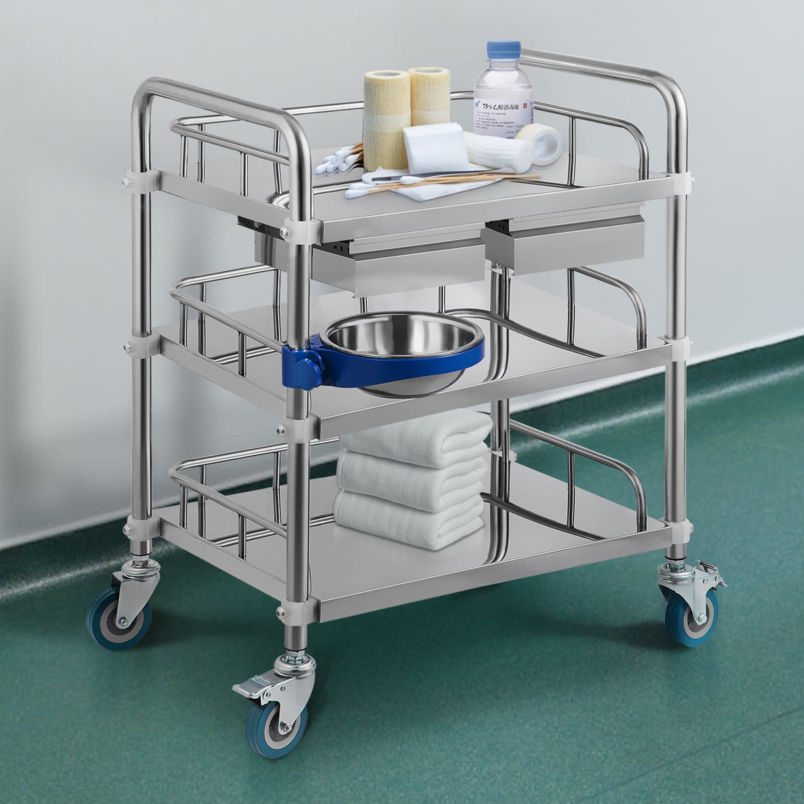 BENTISM Lab Cart Stainless Steel Cart 3 Layers with Refuse Basin 2 ...