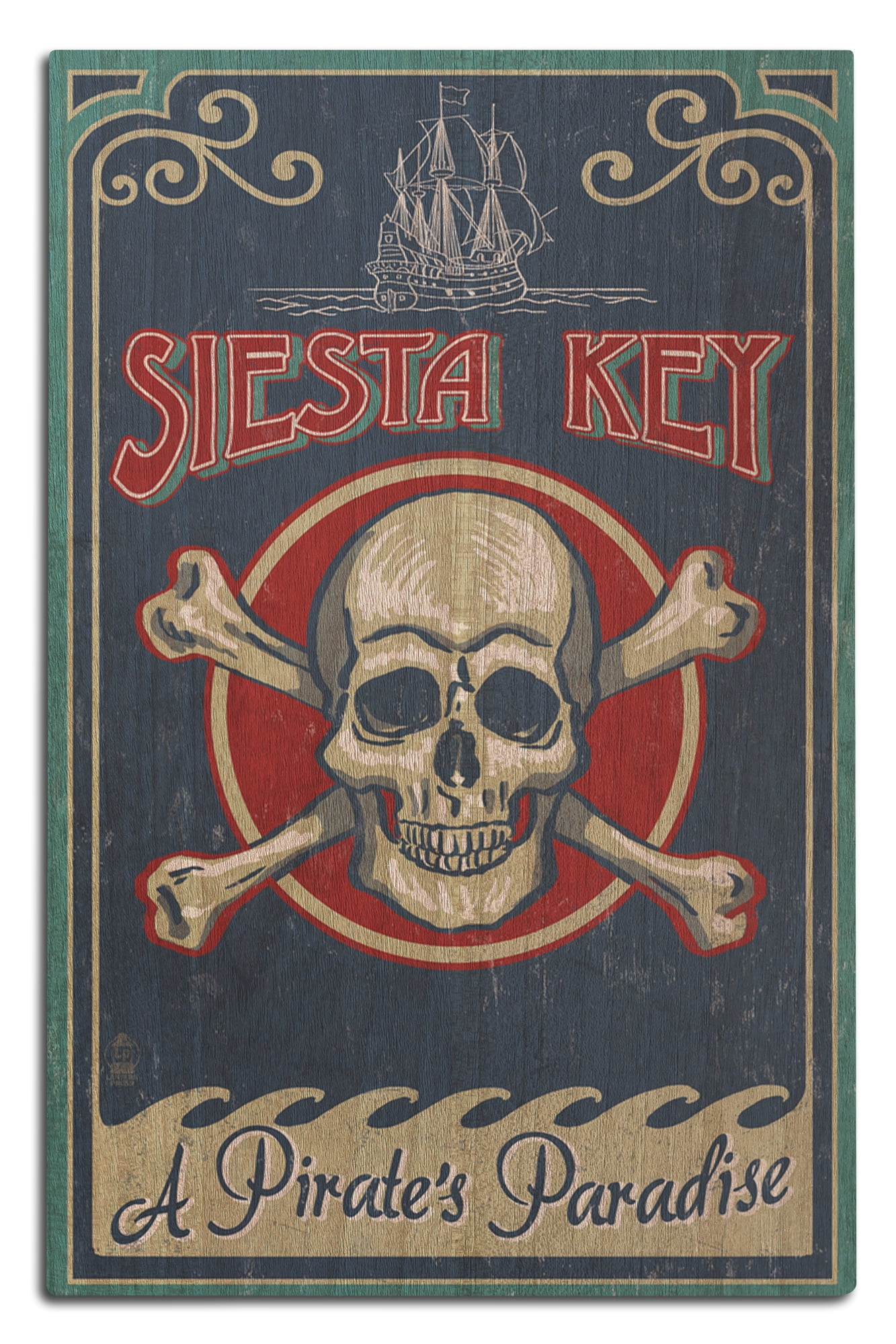 Siesta Key, Florida, Skull and Crossbones, Vintage Sign Birch Wood Wall ...