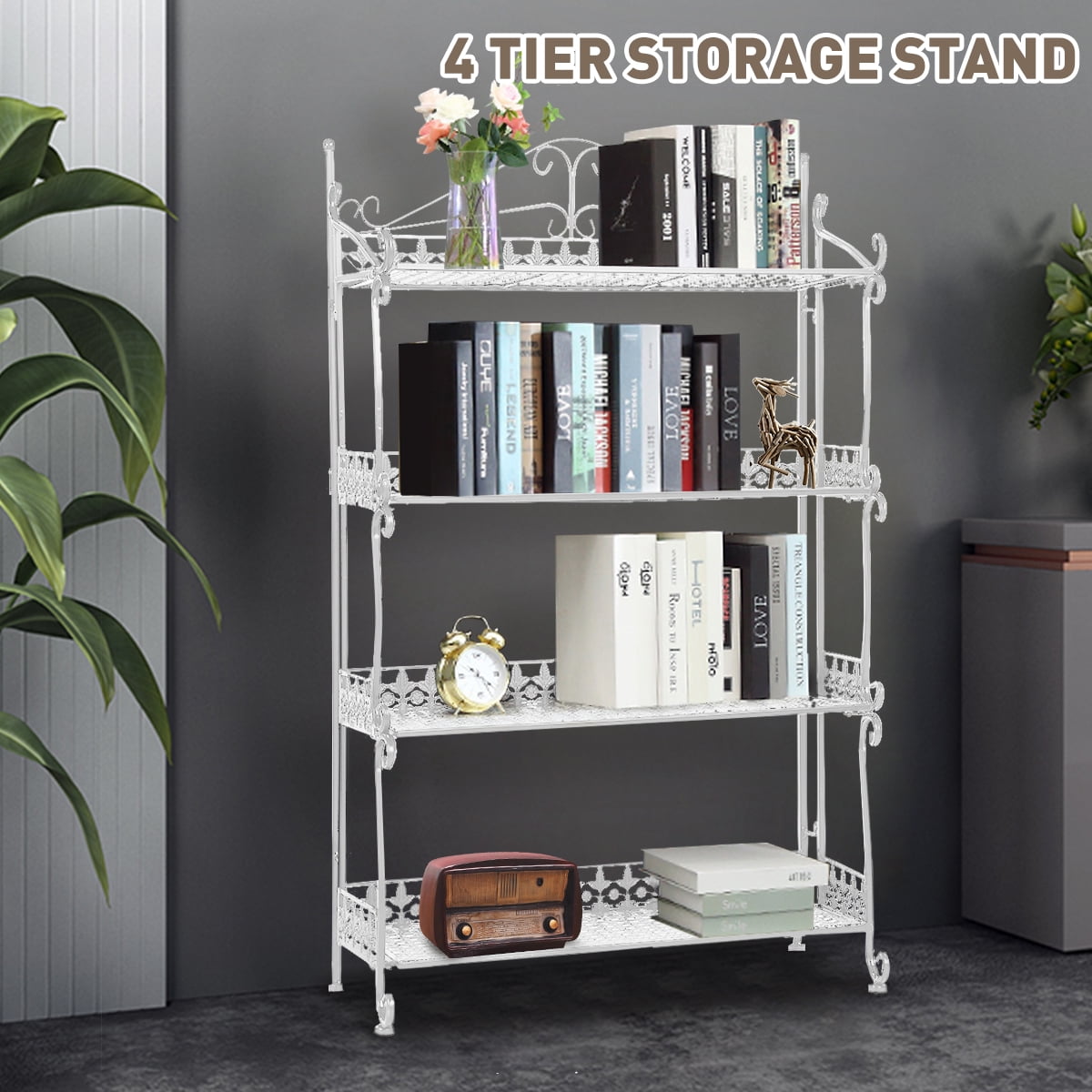 4-Tier Folding Bookshelf & Plant Stand Display Kitchen Storage Rack ...