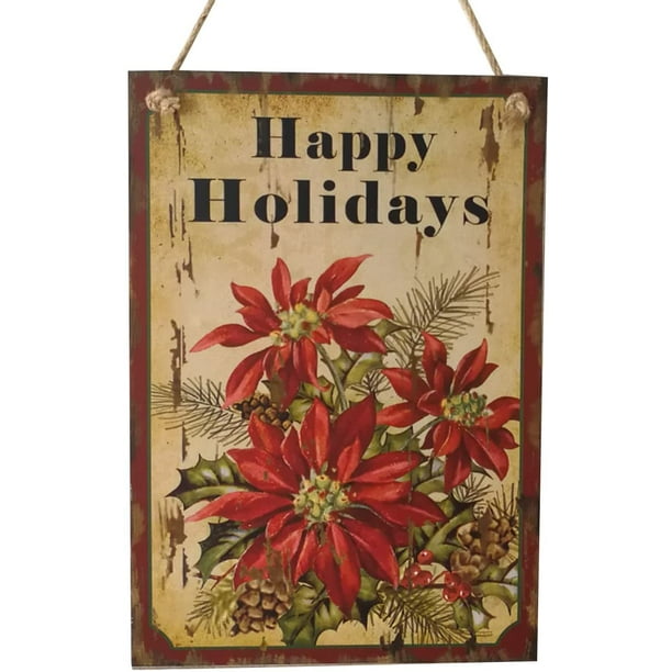HTOOQ Wooden Christmas Sign Plaque Wall Hanging Christmas Flower Happy ...