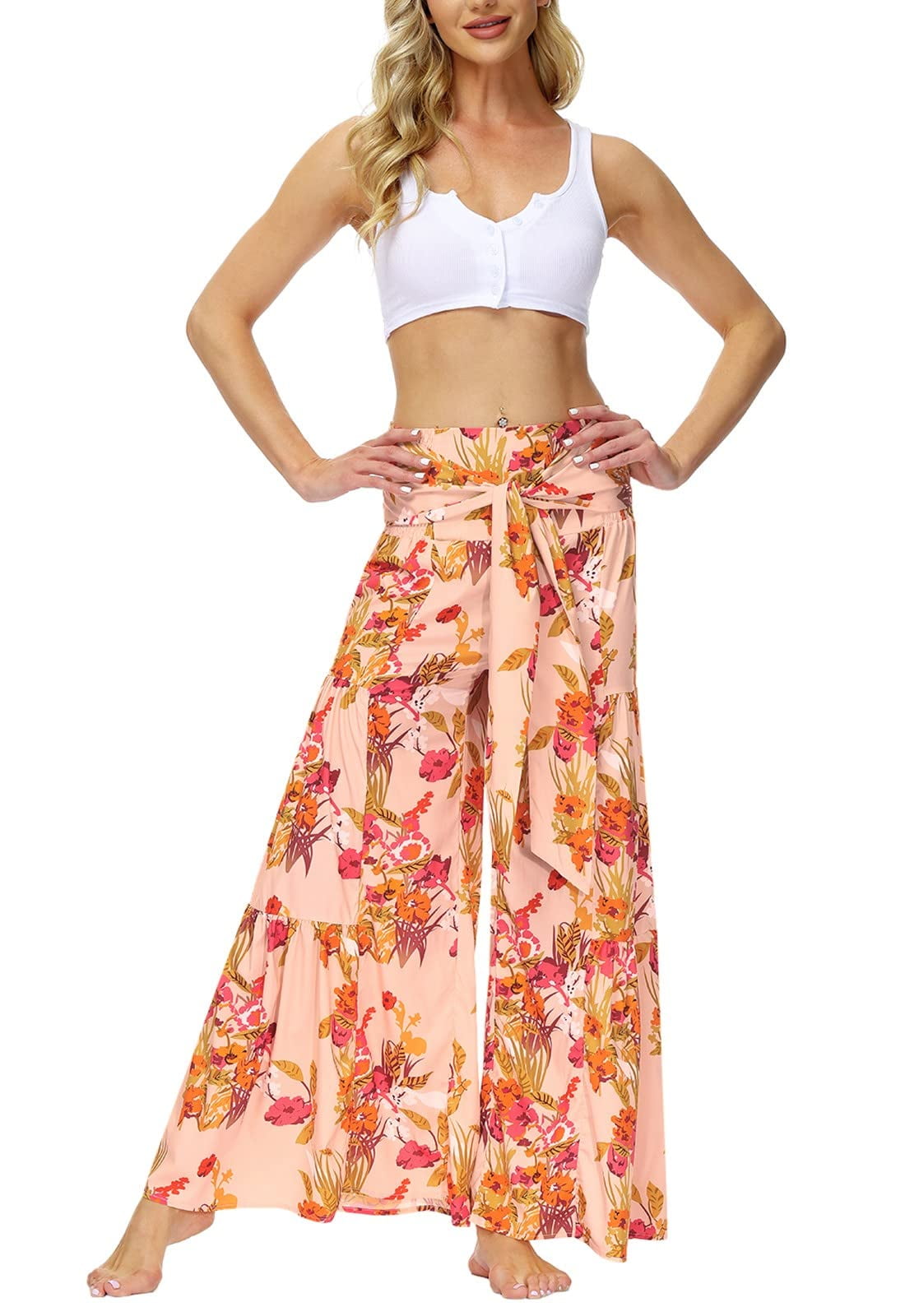 Lovebay Womens Wide Leg Palazzo Loose Pants Summer Beach Boho Floral