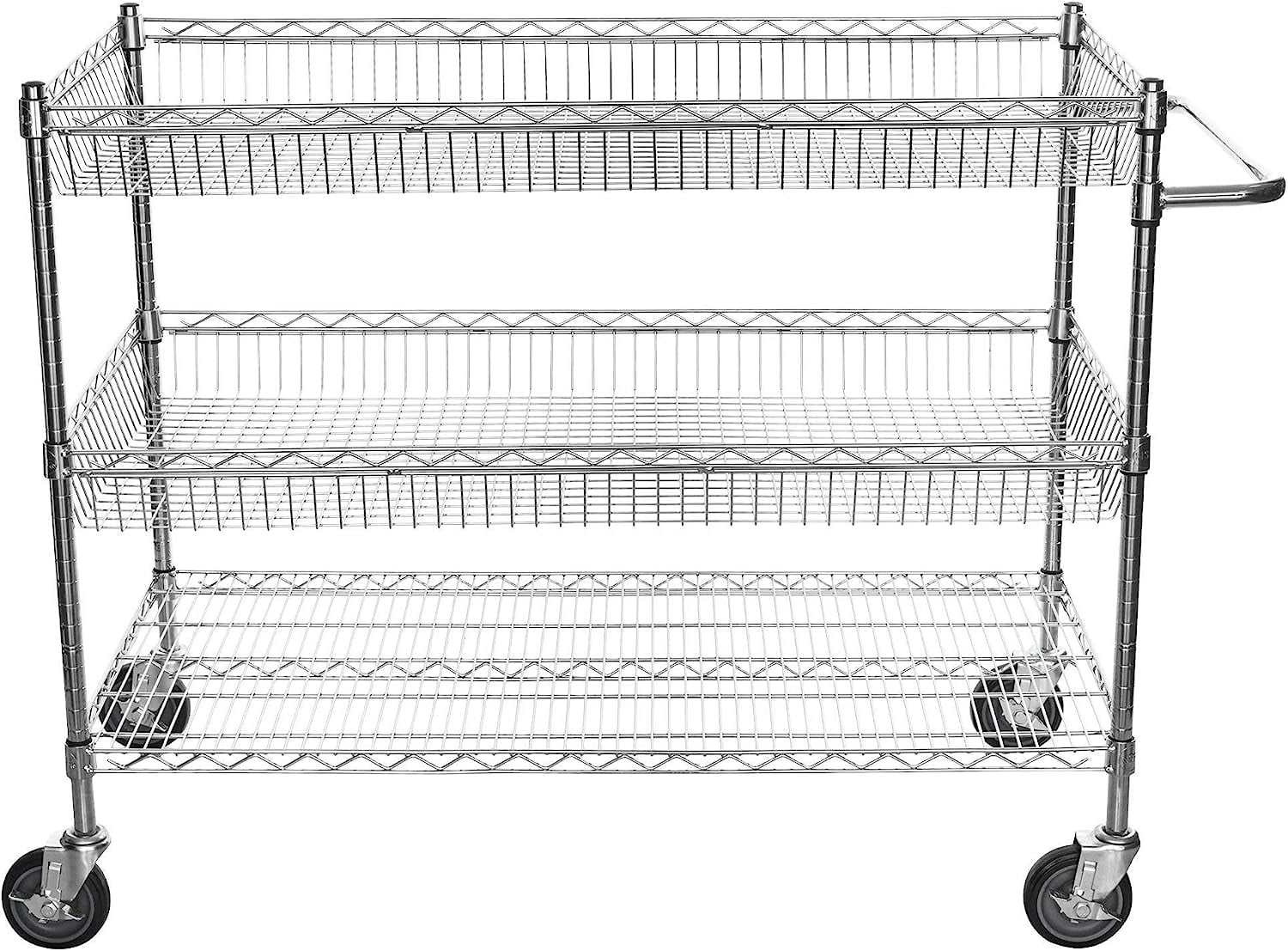 3 Tier Push Cart with 2 Basket and 1 Wire Shelf - Chrome - 14" Deep x ...