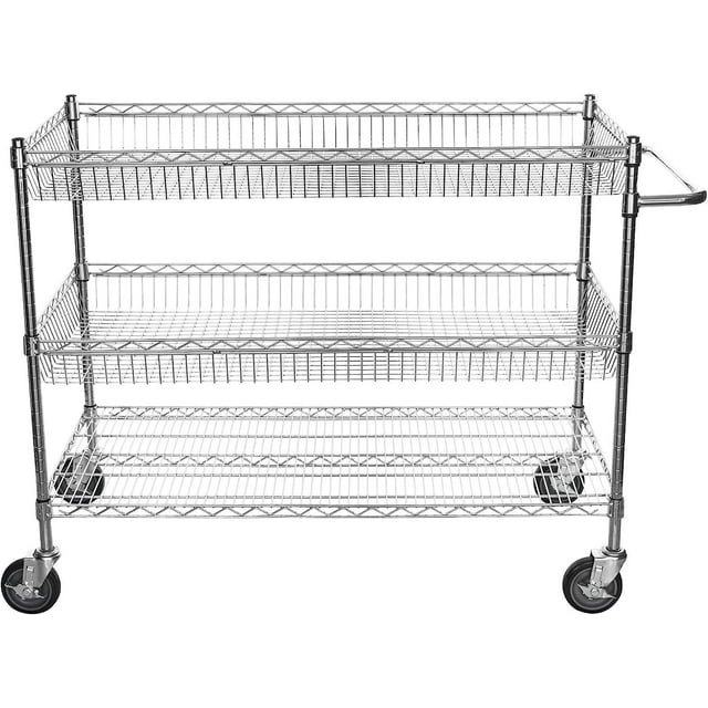 3 Tier Push Cart with 2 Basket and 1 Wire Shelf - Chrome - 24" Deep x ...