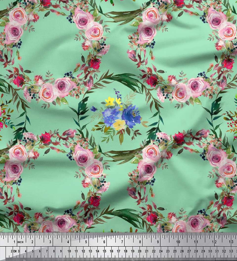 Soimoi Green Satin Silk Fabric Floral Wreath Flower Print Fabric by The ...