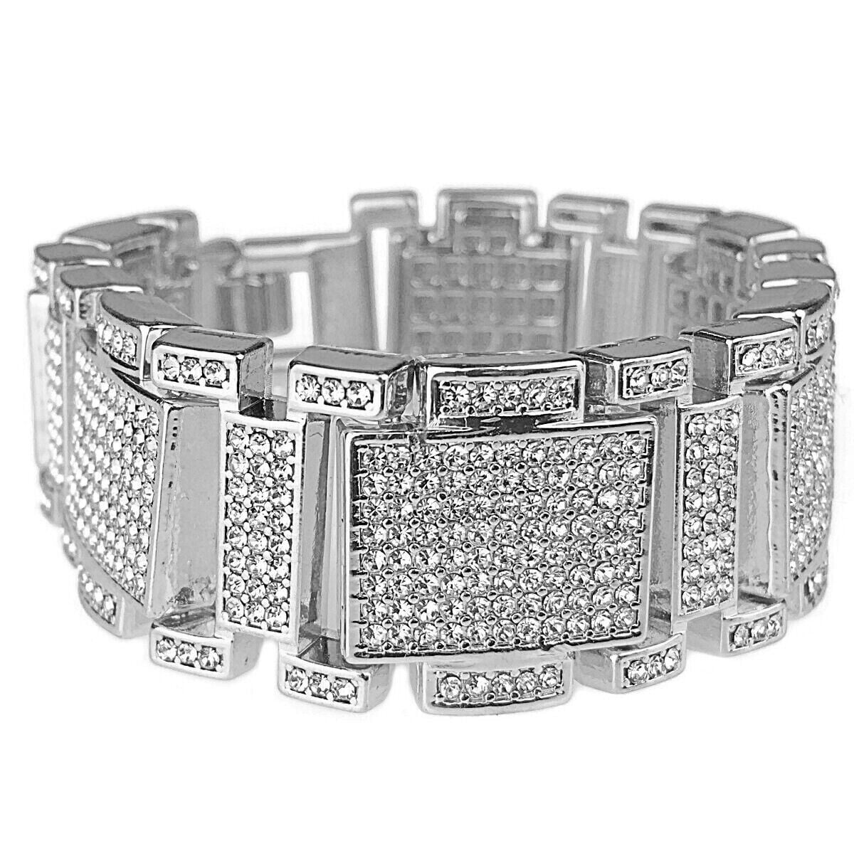 Men's Hip Hop Bracelet Simulated CZ Micro Pave Silver Tone Heavy Iced ...