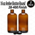 (2 Pack) - 16 oz Amber Glass Bottles with Black 28-400 Airtight ...