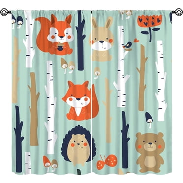 Cute Animals Curtains, Cartoon Fox Hedgehog Hare Forest Trees Window ...