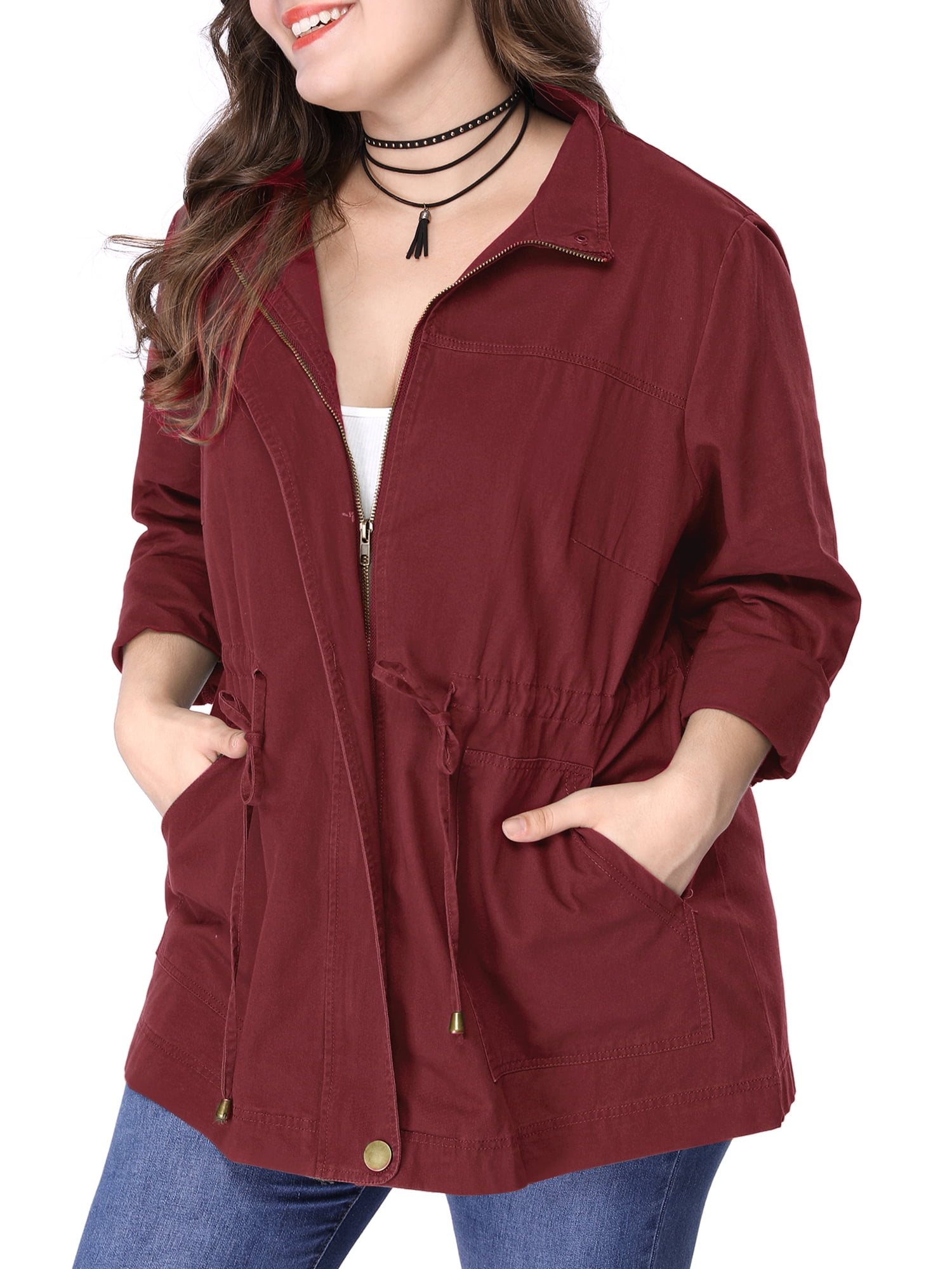 Unique Bargains Women s Plus Size Coat Stand Collar Zip up Utility