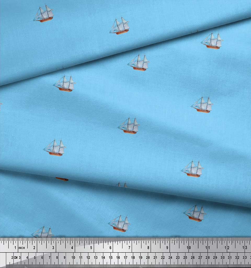 Soimoi Blue Japan Crepe Satin Fabric Yacht Nautical Print Fabric by the ...