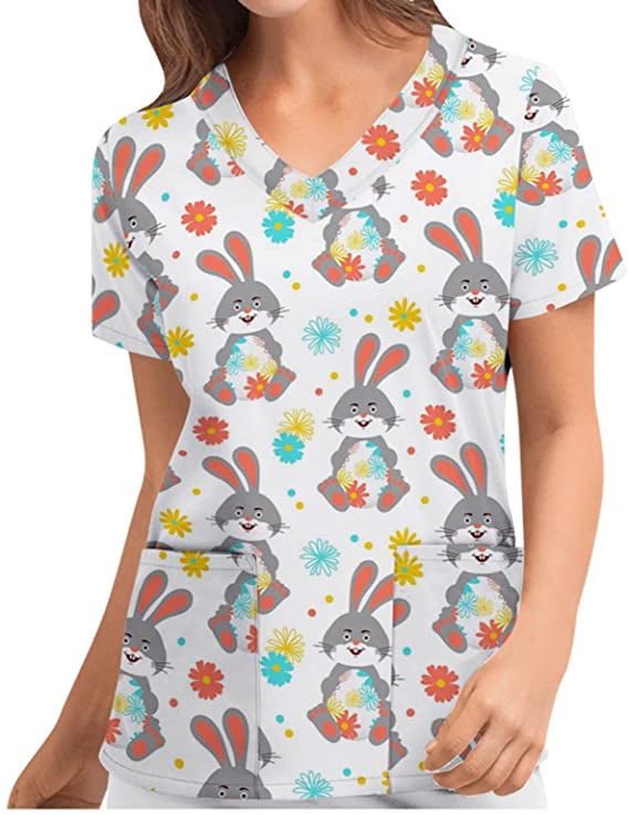Easter Scrubs Tops for Women Nurse Working Uniforms Easter Eggs Bunny ...
