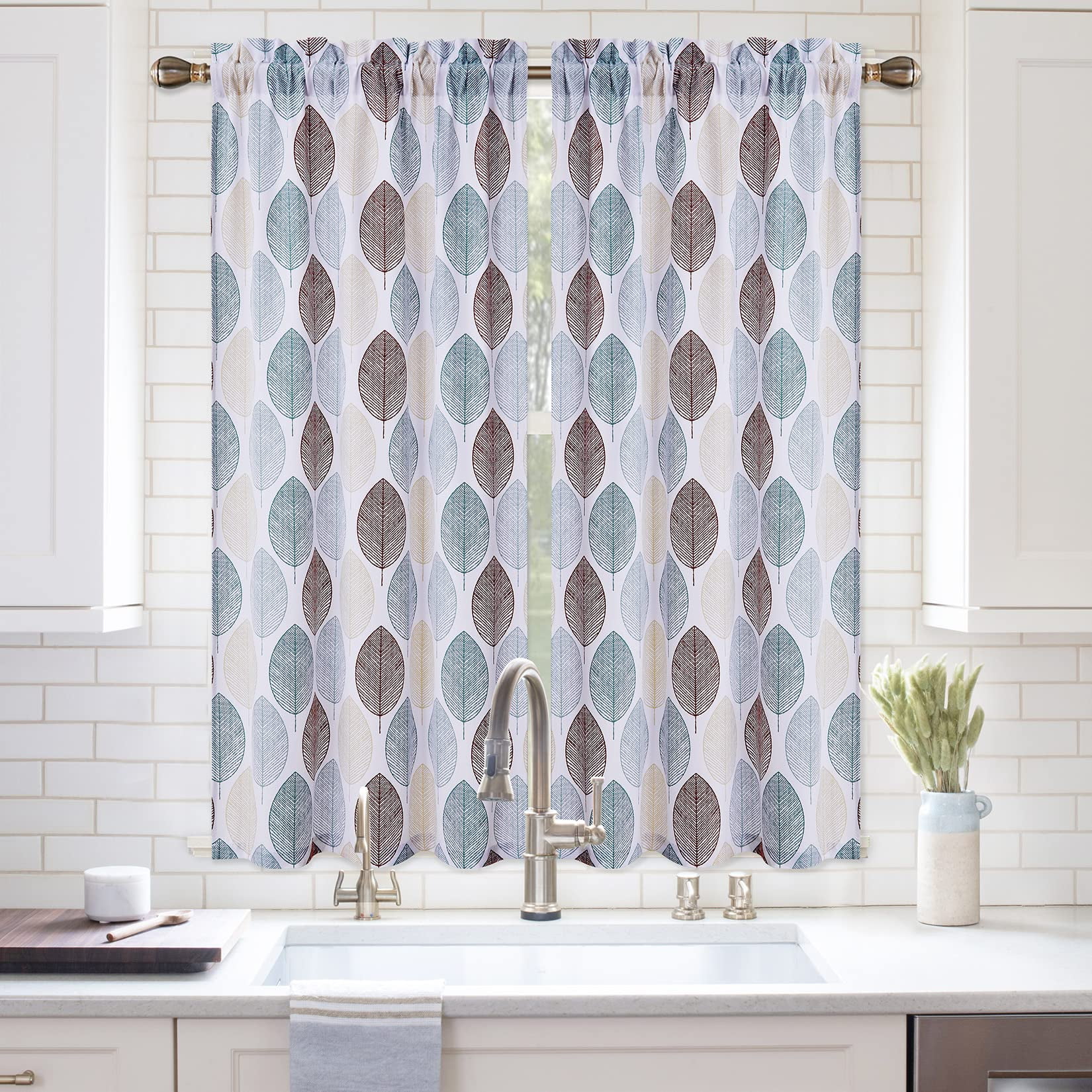 Oyang Tier Curtains for Kitchen, Farmhouse Leaf Floral Design Cotton ...