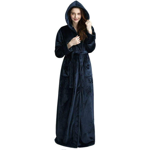 Women's Long Hooded Robe Luxurious Flannel Fleece Bathrobe with Mid ...