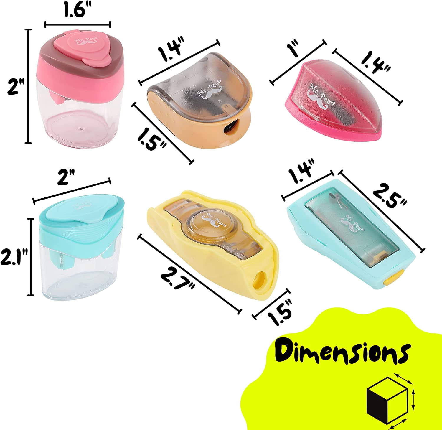 Mr. Pen- Cute Pencil Sharpeners, 6 Pcs, Colorful Pencil Sharpeners with ...
