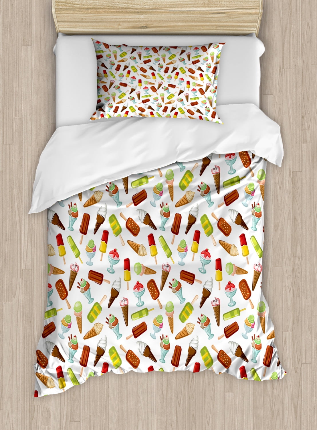 Ice Cream Twin Size Duvet Cover Set, Frozen Desserts in Wafer Cone ...