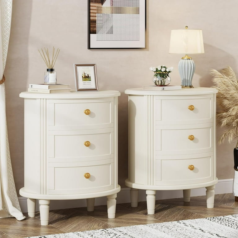 Tribesigns 3 Drawer Nightstand Fully Assembled Oval Bedside Table with Storage Off White