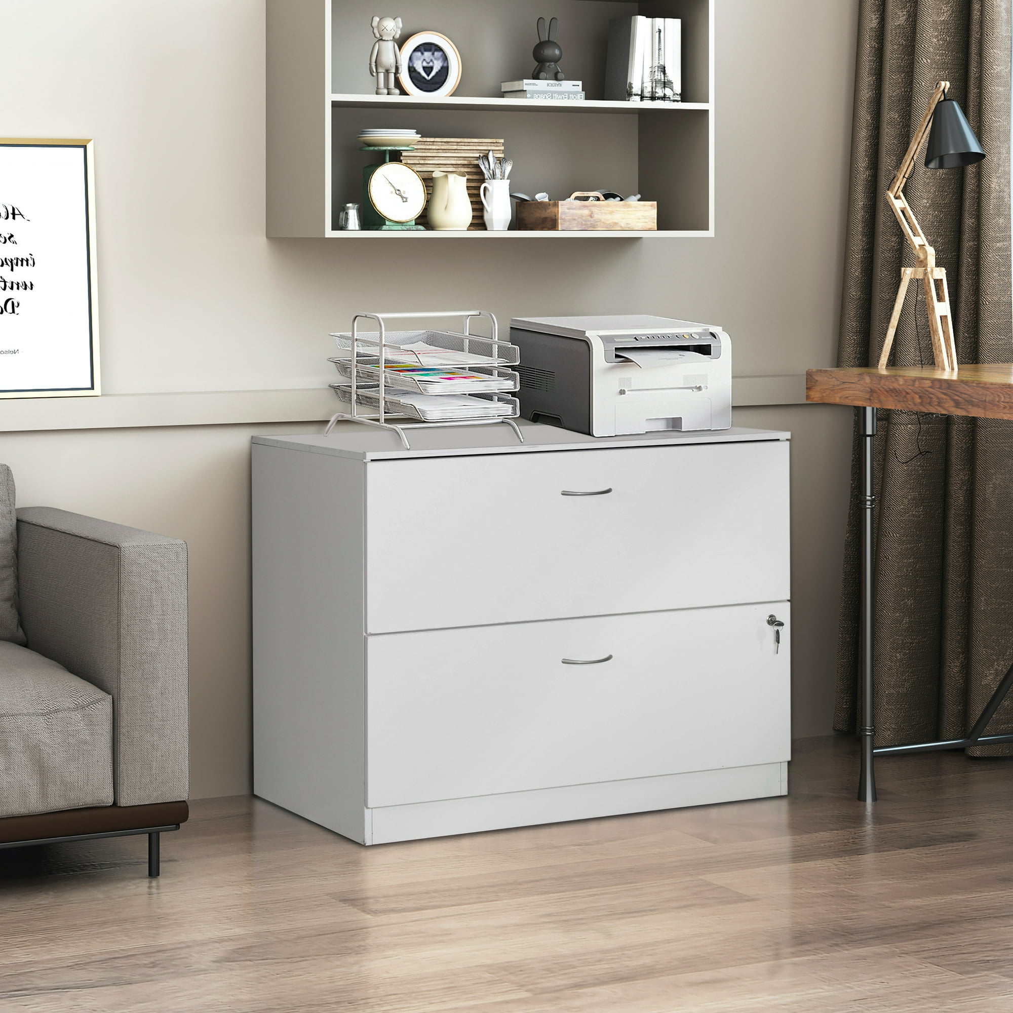 Basicwise 30 Inch White Wooden Lateral File Cabinet With Two Spacious Drawers One Lockable Suitable For Home Office Offering Ample Space For Docum