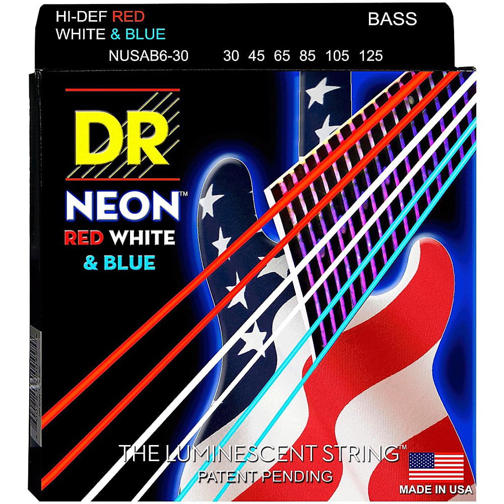 DR Strings Hi-Def NEON Red, White & Blue Electric Medium 6-String Bass ...