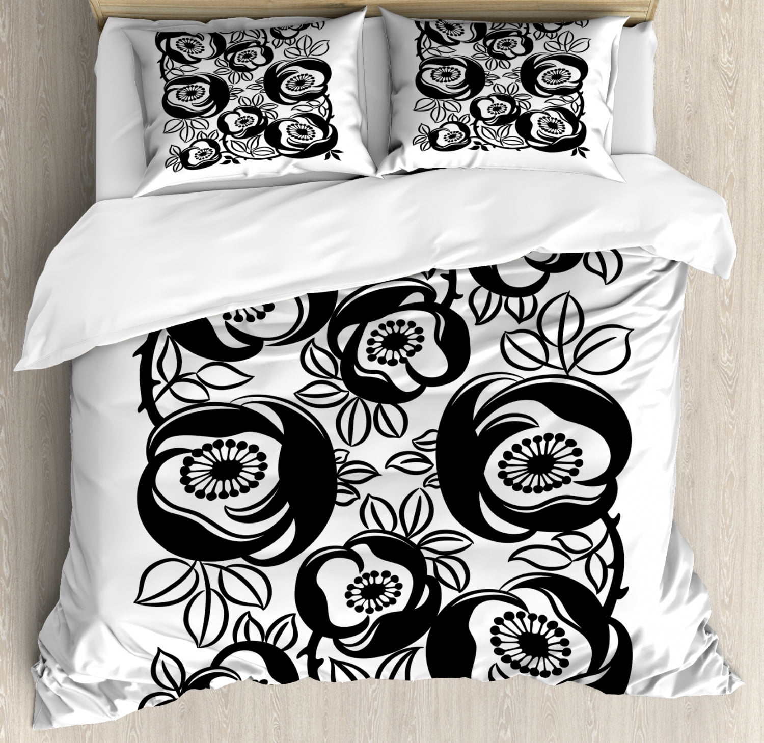 Folk Art Duvet Cover Set Queen Size, Monochrome Design Floral Ornament ...