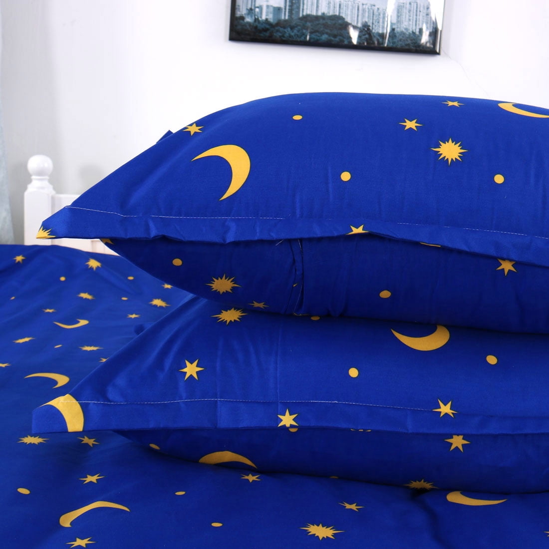 Moon Stars Pattern Duvet Quilt Cover Pillowcase Bedding Set Blue Queen
