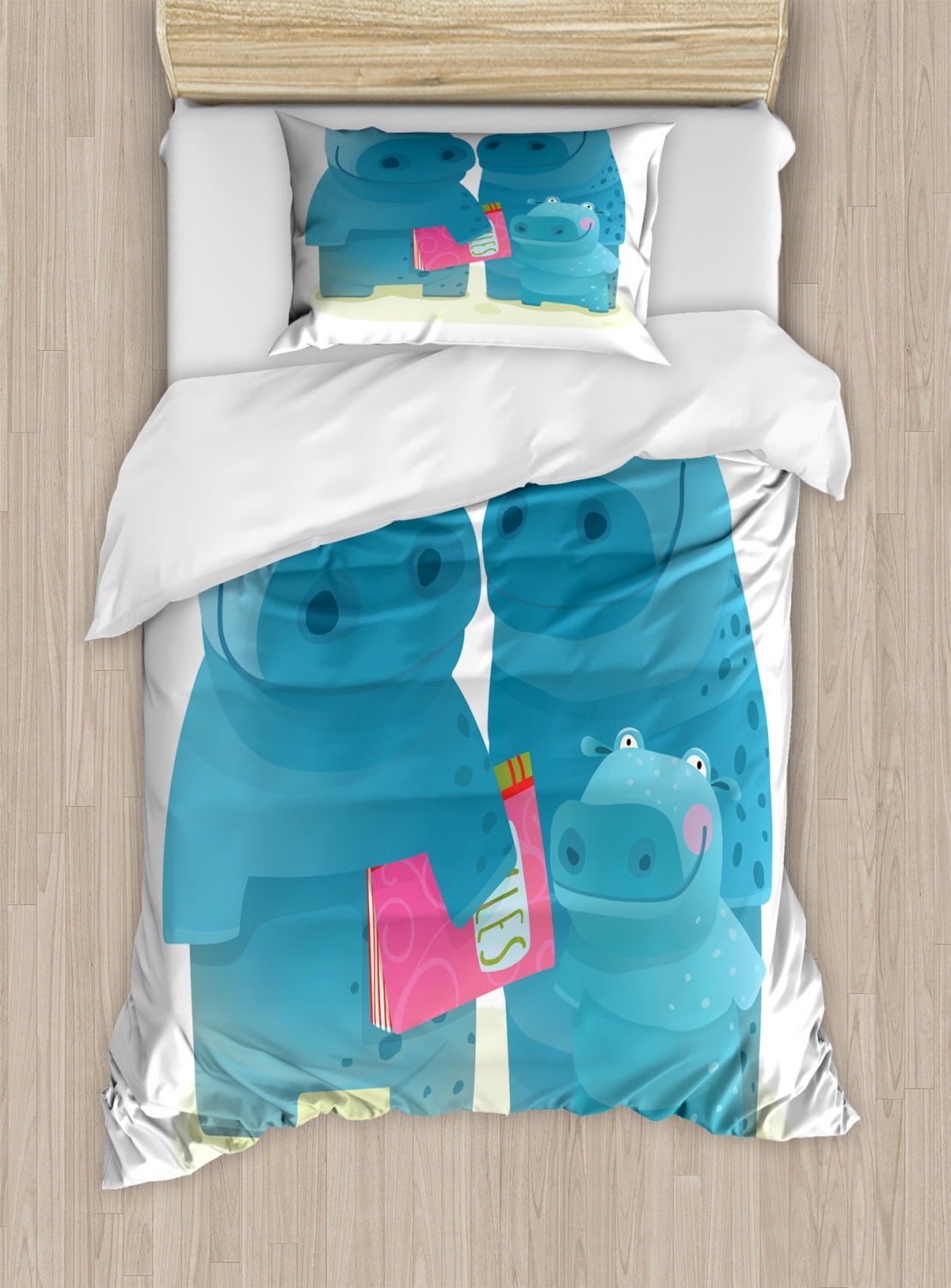 Hippo Twin Size Duvet Cover Set, Graphic Happy Hippo Family with Father ...