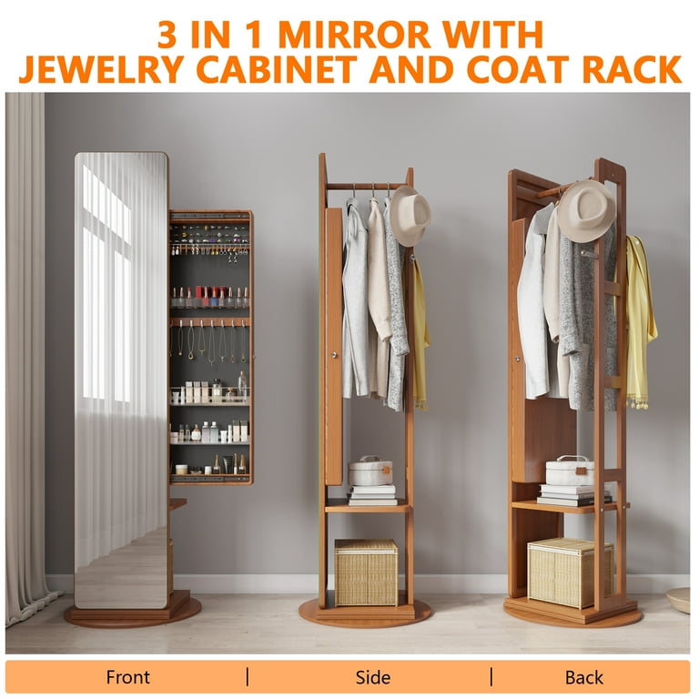LVSOMT Large Freestanding Jewelry Armoire with 360 Swivel Full Length Mirror Coat Rack Shelves White Walmart