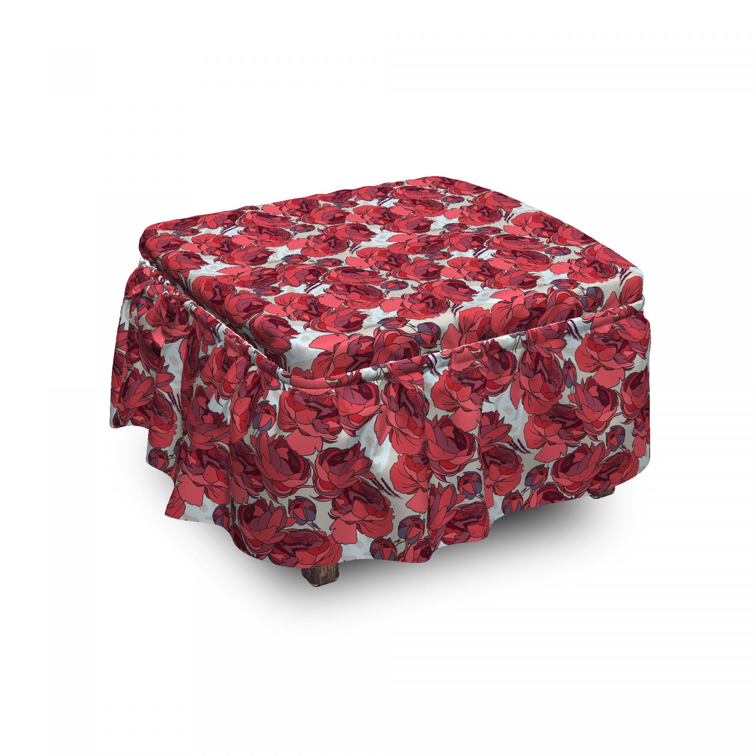 Floral Ottoman Cover, Vibrant Roses Bouquet, 2 Piece Slipcover Set with ...