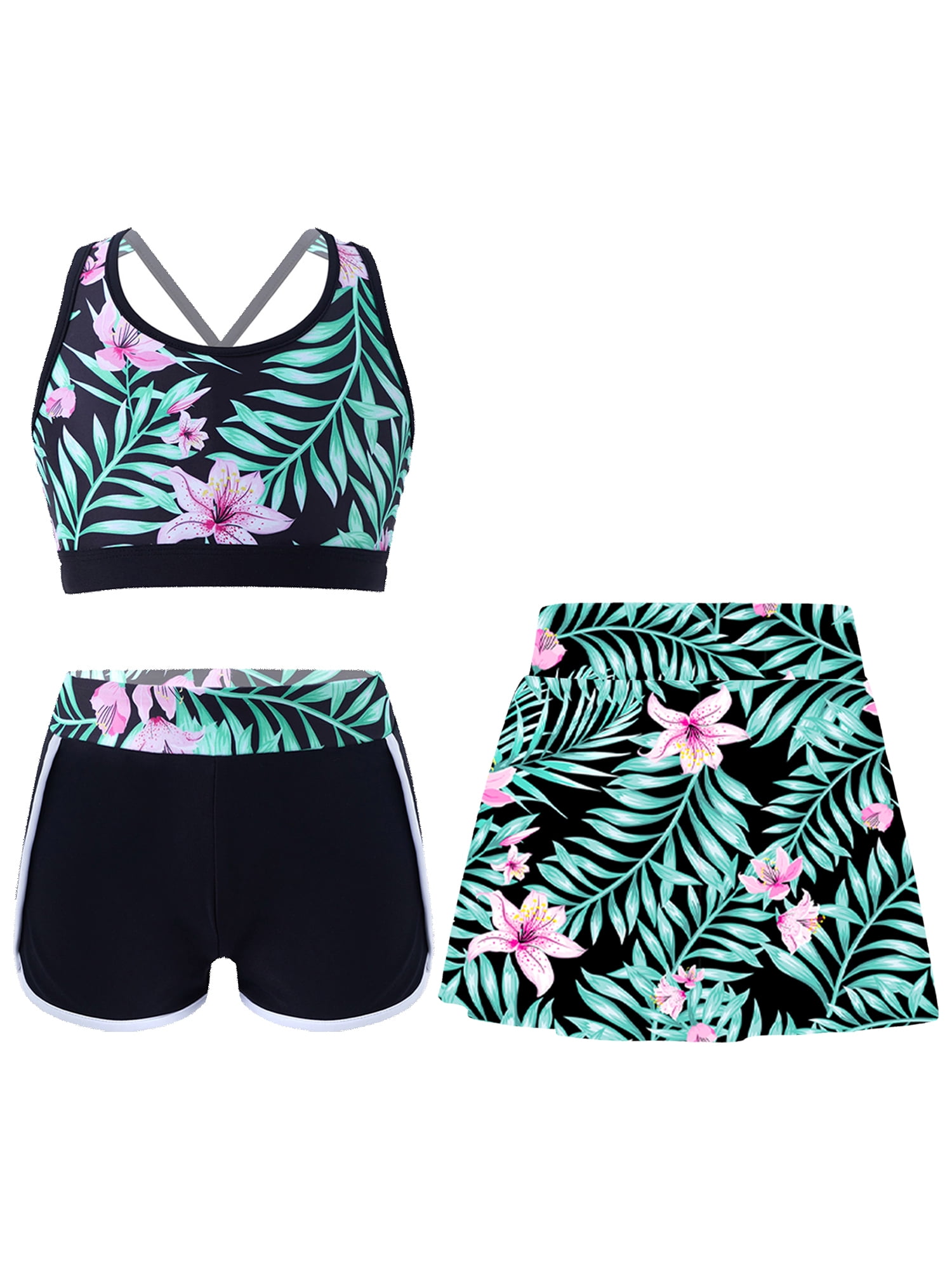 iEFiEL Girls Flowers Leaves Printed Swimwear Youth Juniors Crop Top ...