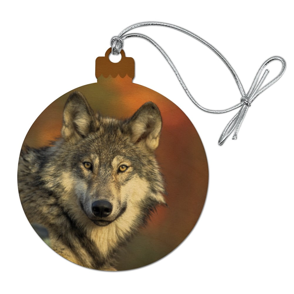 Gray Wolf with Fall Background Wood Christmas Tree Holiday Ornament ...