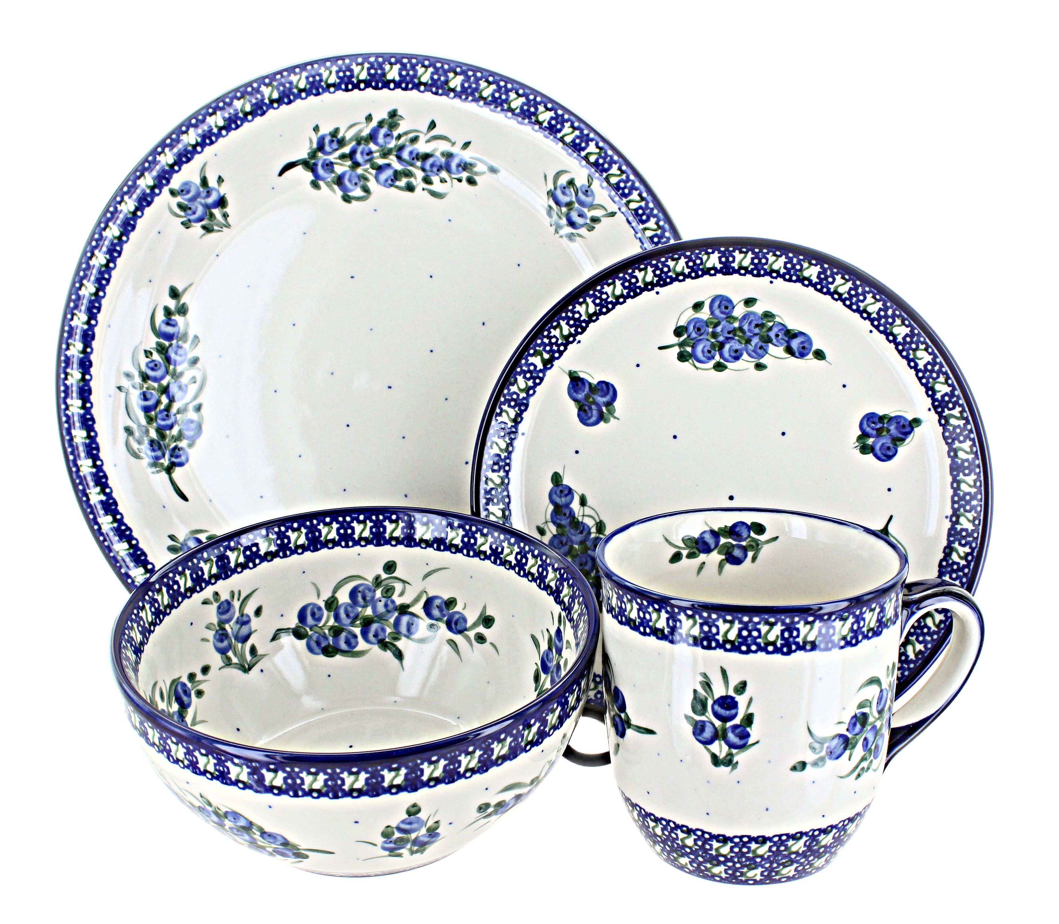 Blue Rose Polish Pottery Backyard Blueberry 16 Piece Dinnerware Set ...
