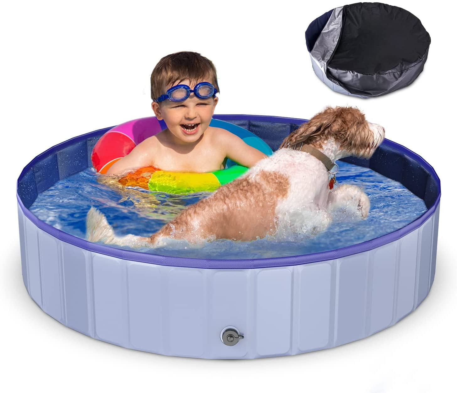 Outdoor Foldable Pet Dog Swimming Pool with Pool Cover,63” Portable Dog ...