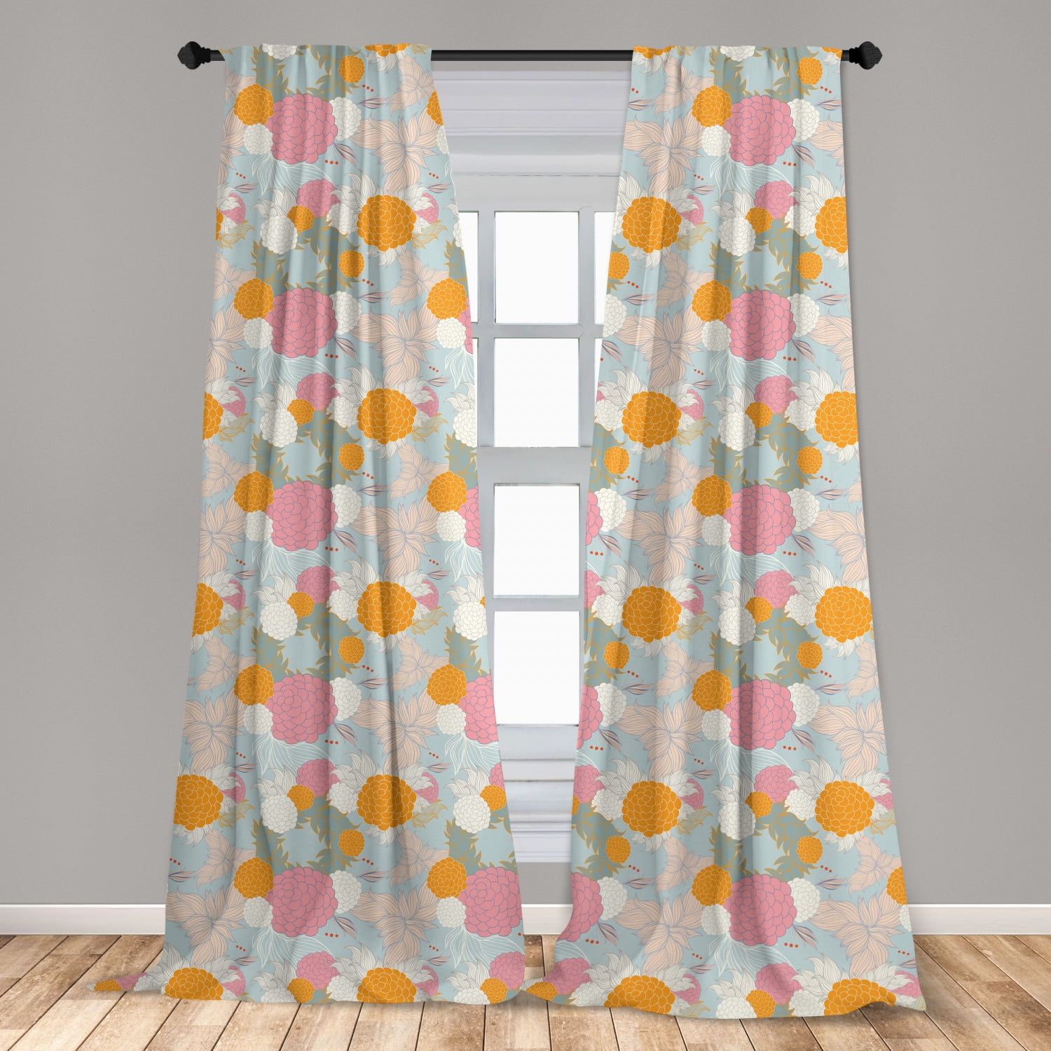 Floral Curtains 2 Panels Set, Vintage Inspired Repetition of Abstract ...