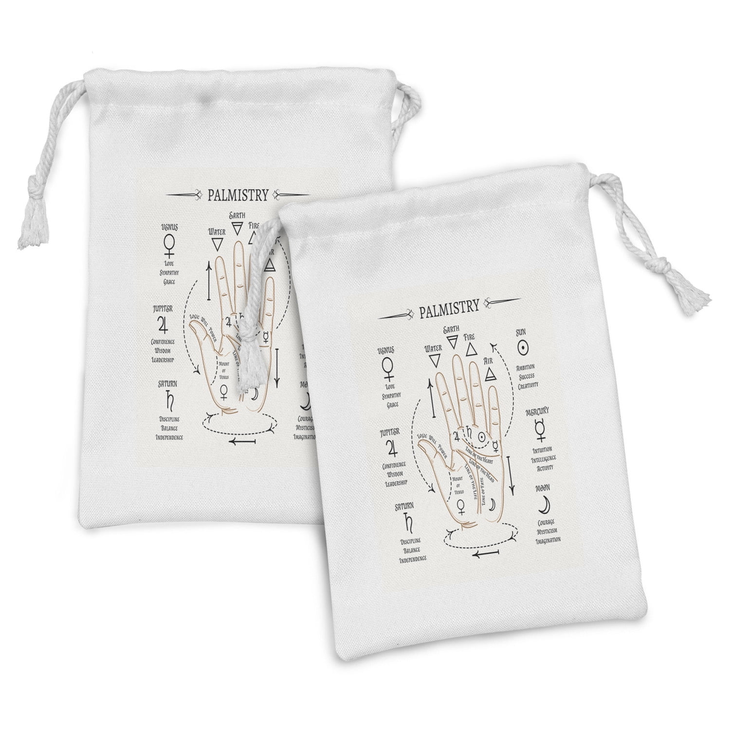 Palmistry Fabric Pouch Set of 2, Open Hand Streaks and Calligraphy ...