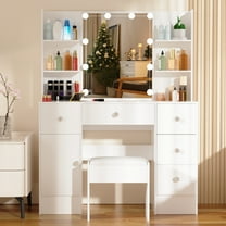 Yamissi Vanity Desk Set w/ LED Lighted Mirror, Stool, 3 Drawers, 6 ...