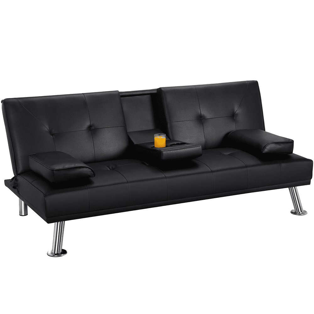Renwick LuxuryGoods Modern Faux Leather Futon with Cupholders and Pillows Black Walmart