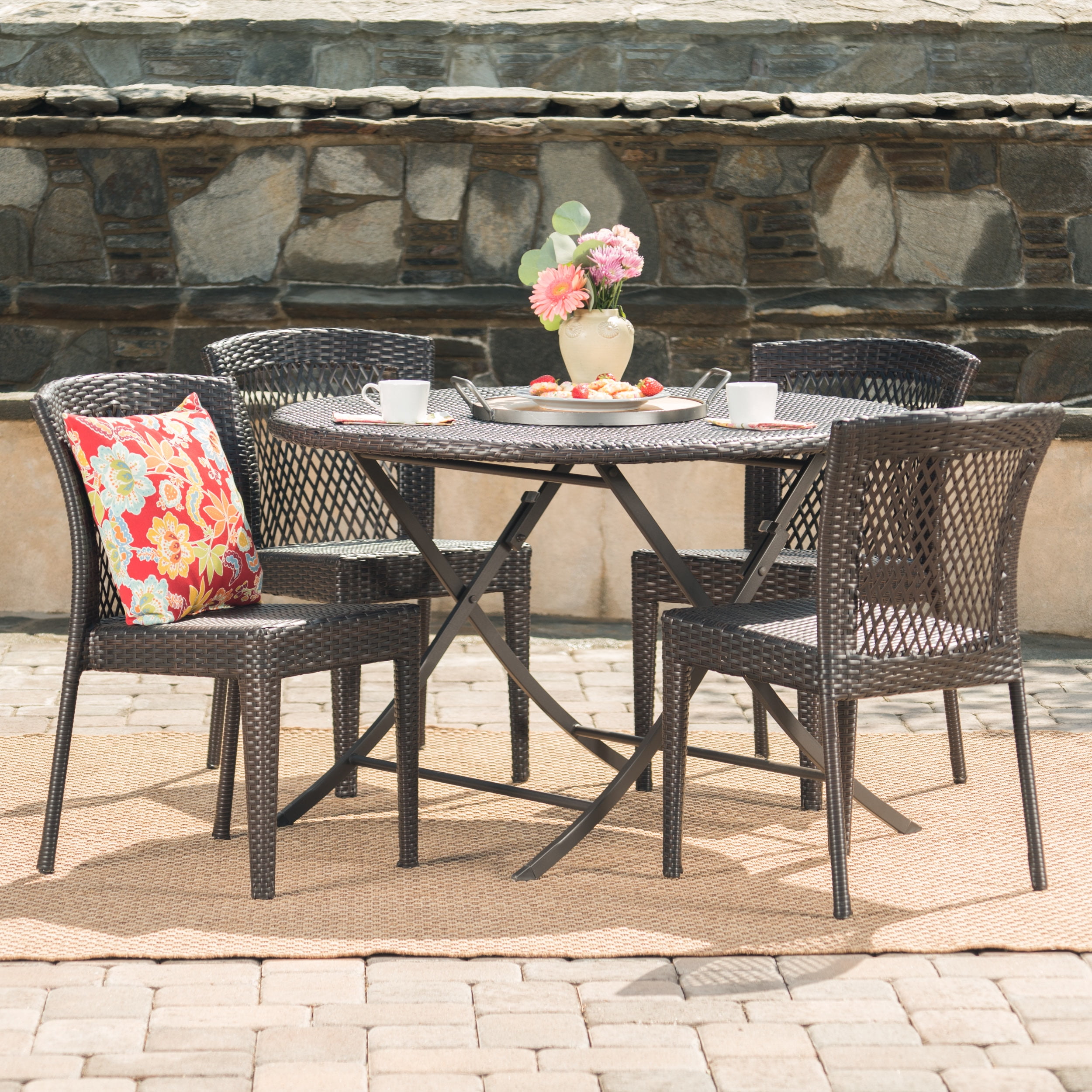 Outdoor 5 Piece Wicker Dining Set with Foldable Table and Stacking ...