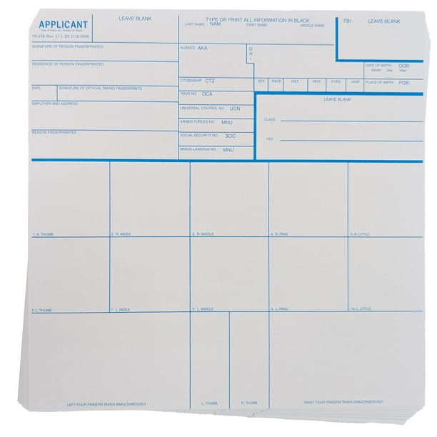 FD-258 Fingerprint Cards, Applicant - 50 Pack - Walmart.com