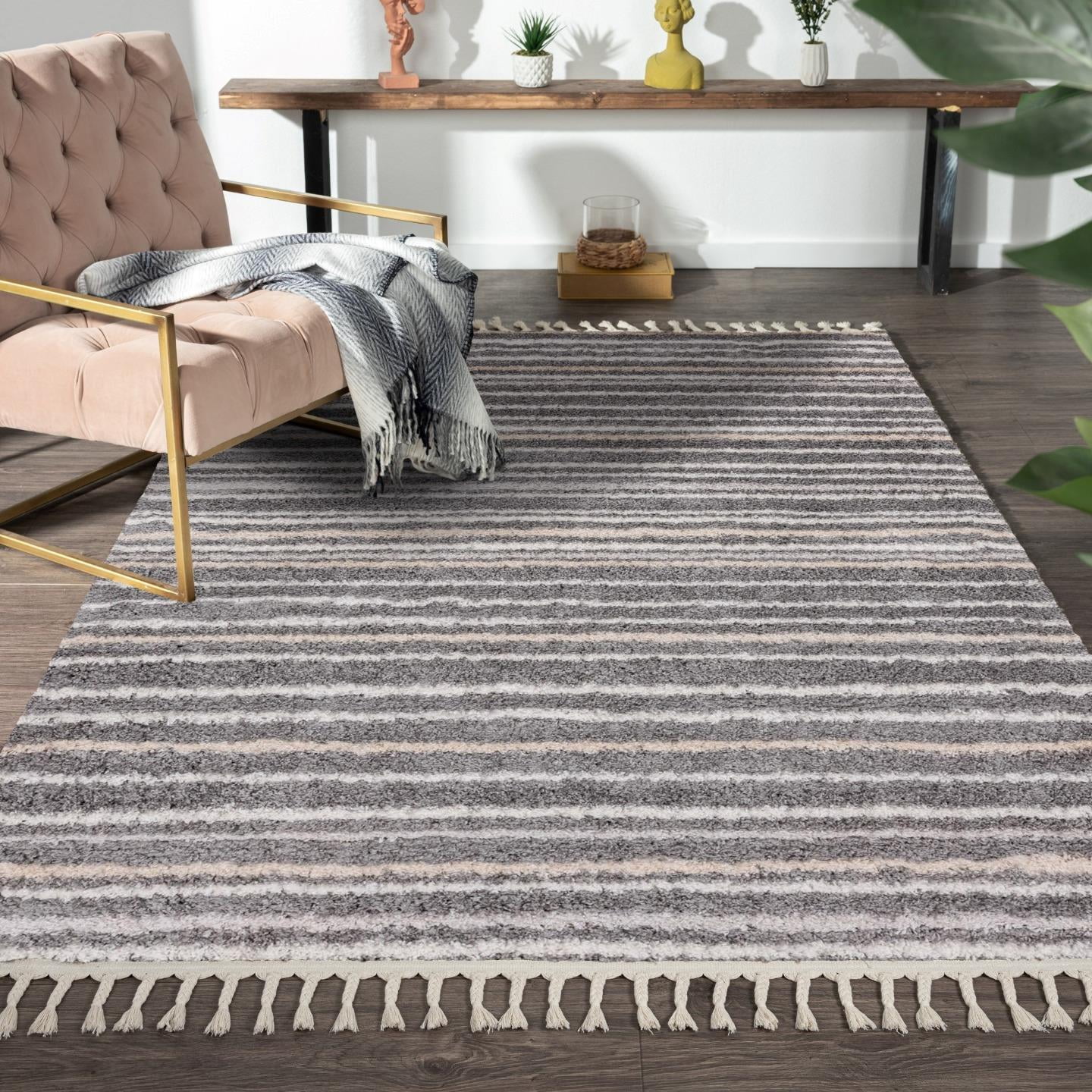 LUXE WEAVERS Striped Fringed Shag Gray 5x7 Area Rug for Bedroom ...