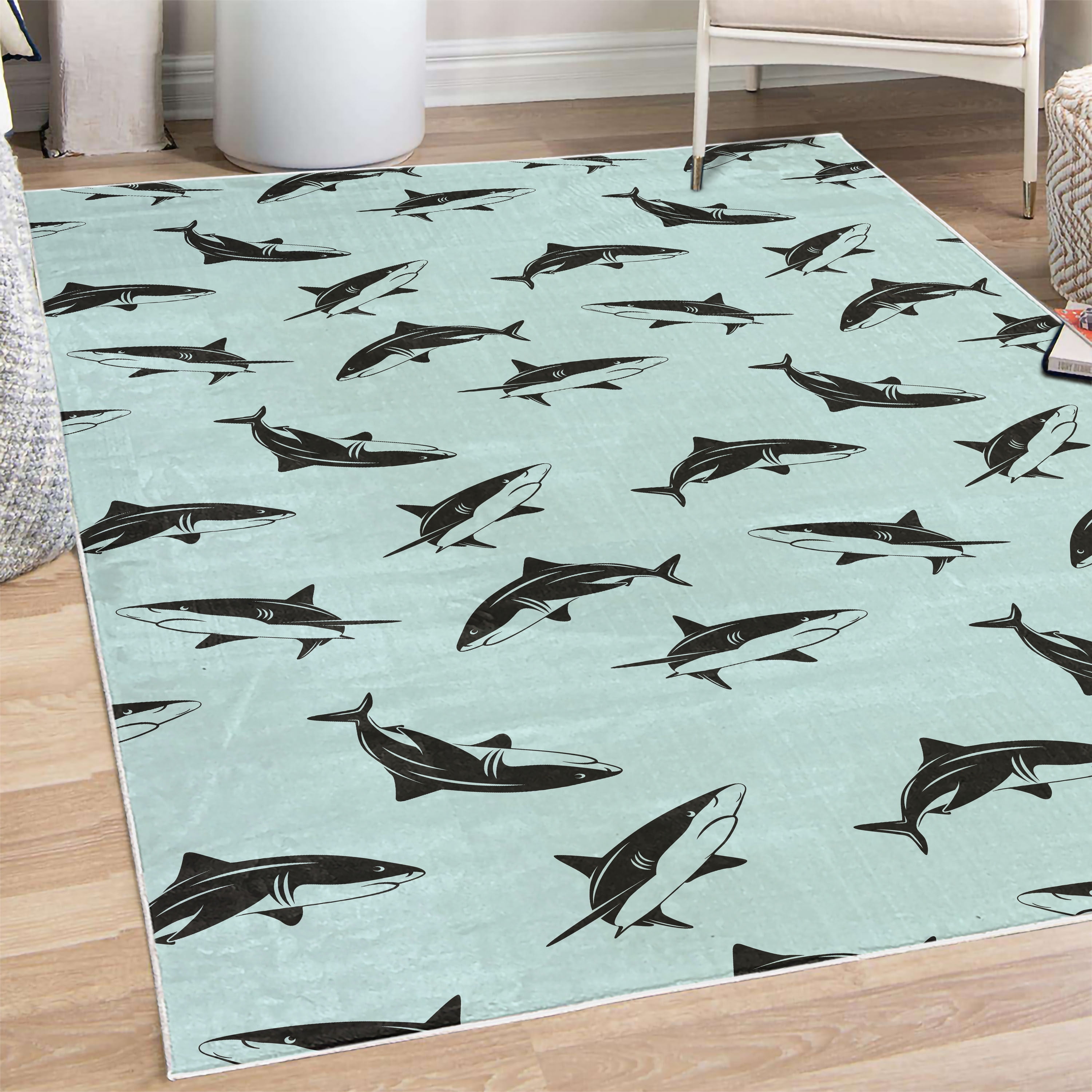 Sea Animals Decorative Rug, Repeated Cartoon Sharks Swimming to ...