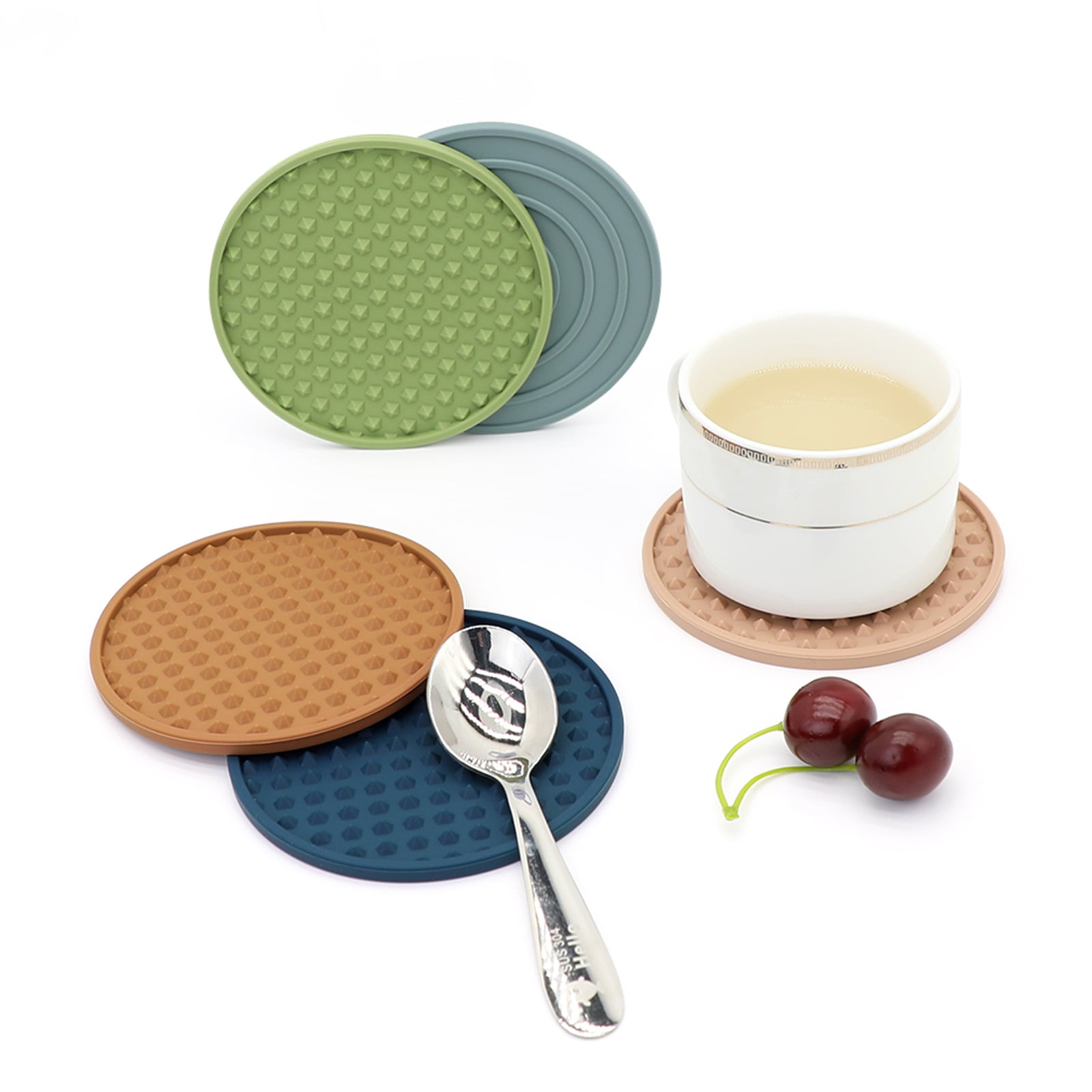 Neinkie 6Pcs Coasters for Drinks Silicone Coasters Drink Coasters for Coffee Table with Holder Thickened Coaster for Wooden Table Cup Desk Bar