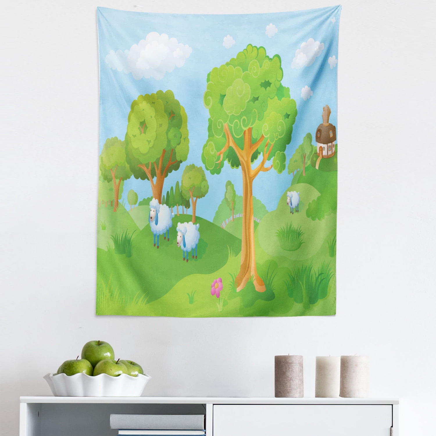 Cartoon Tapestry, Cartoon Style Illustration of a Country Landscape ...