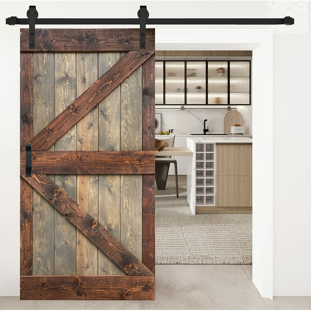 K Style 42in x 84in Finished Knotty Pine Wood Sliding Barn Door With Installation Hardware Kit ...