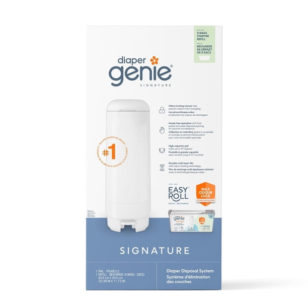 Diaper Genie Signature Pail, White, includes 1 Easy Roll Refill with 9 ...