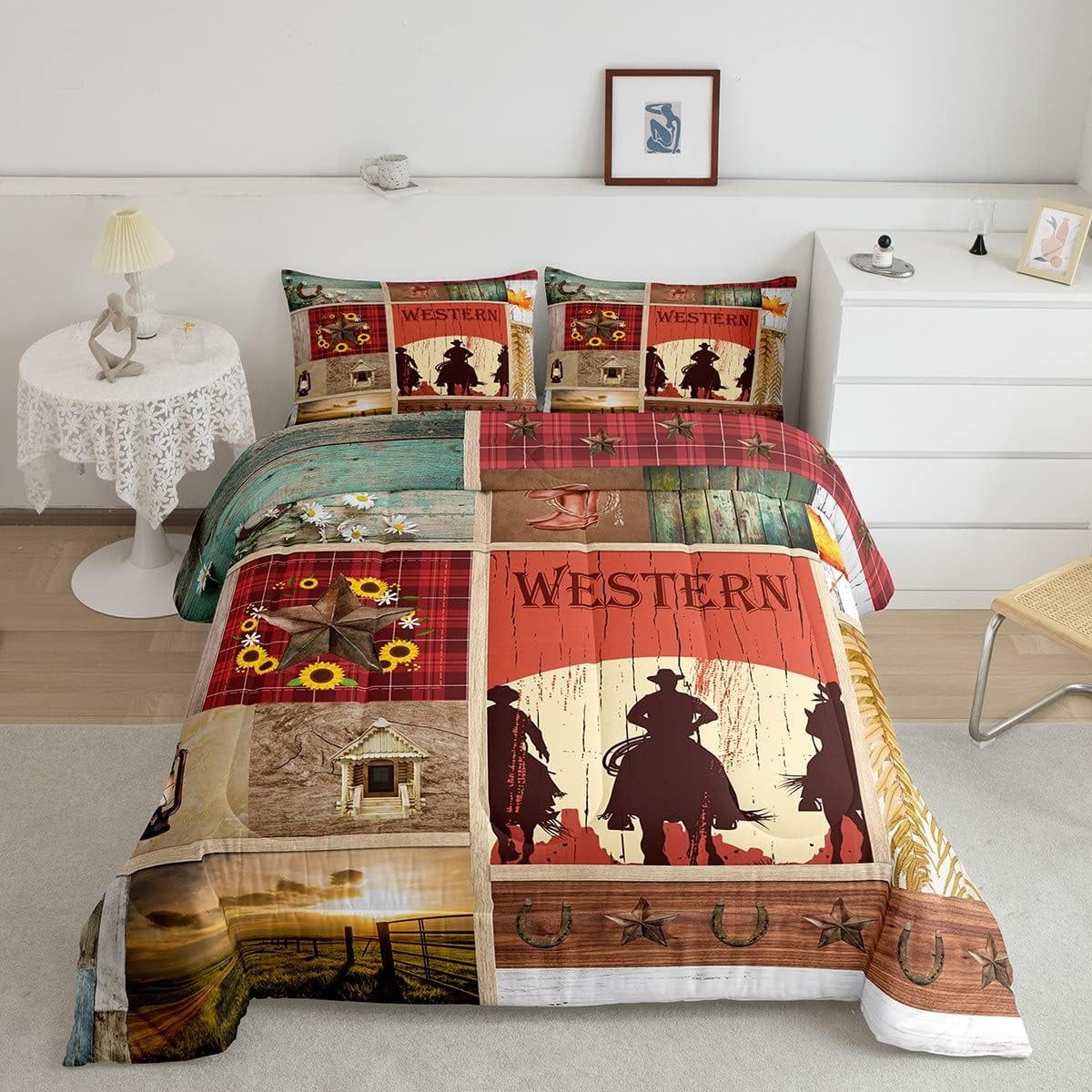 Cowboy Comforter Set Queen Size, Texas Star Horseshoe Flower Quilt Set ...