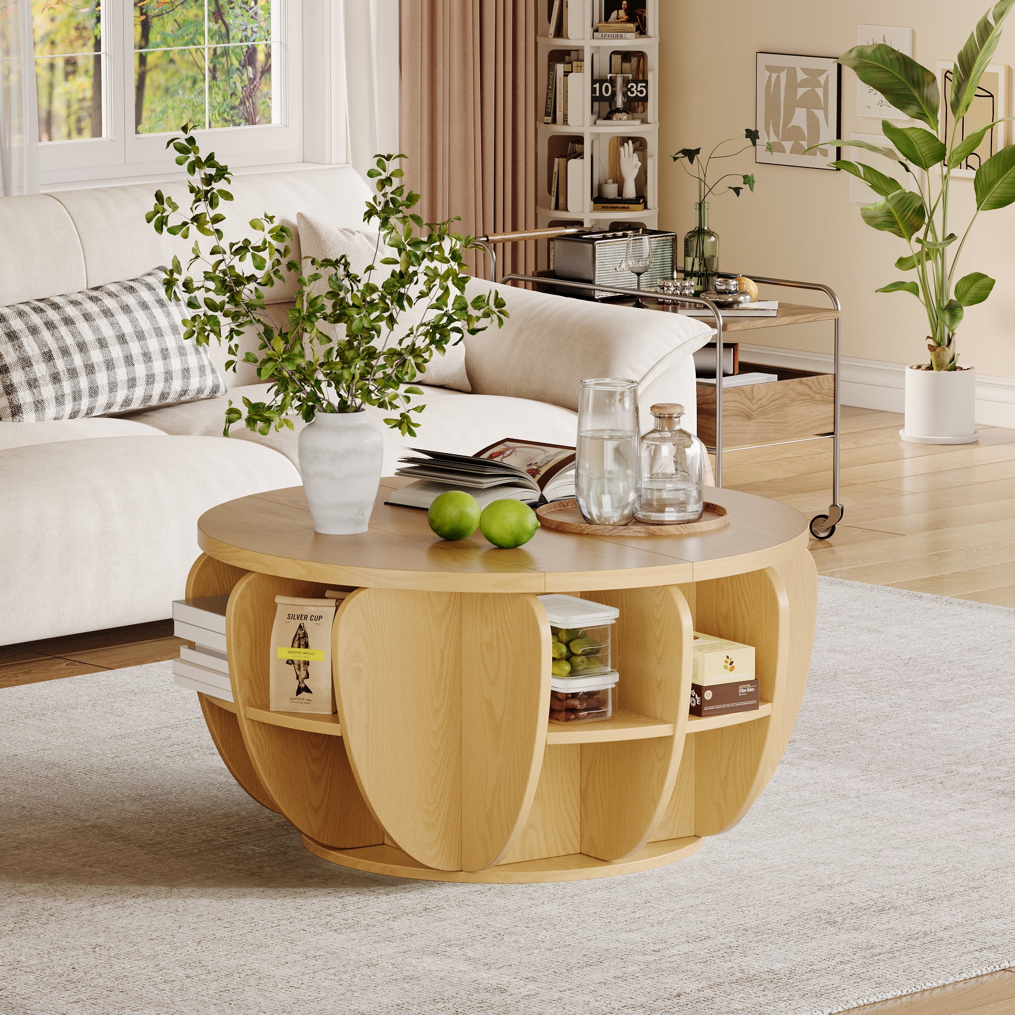 UGTOO 32.68" Round Extendable End Table with Storage, Nature Wood ...