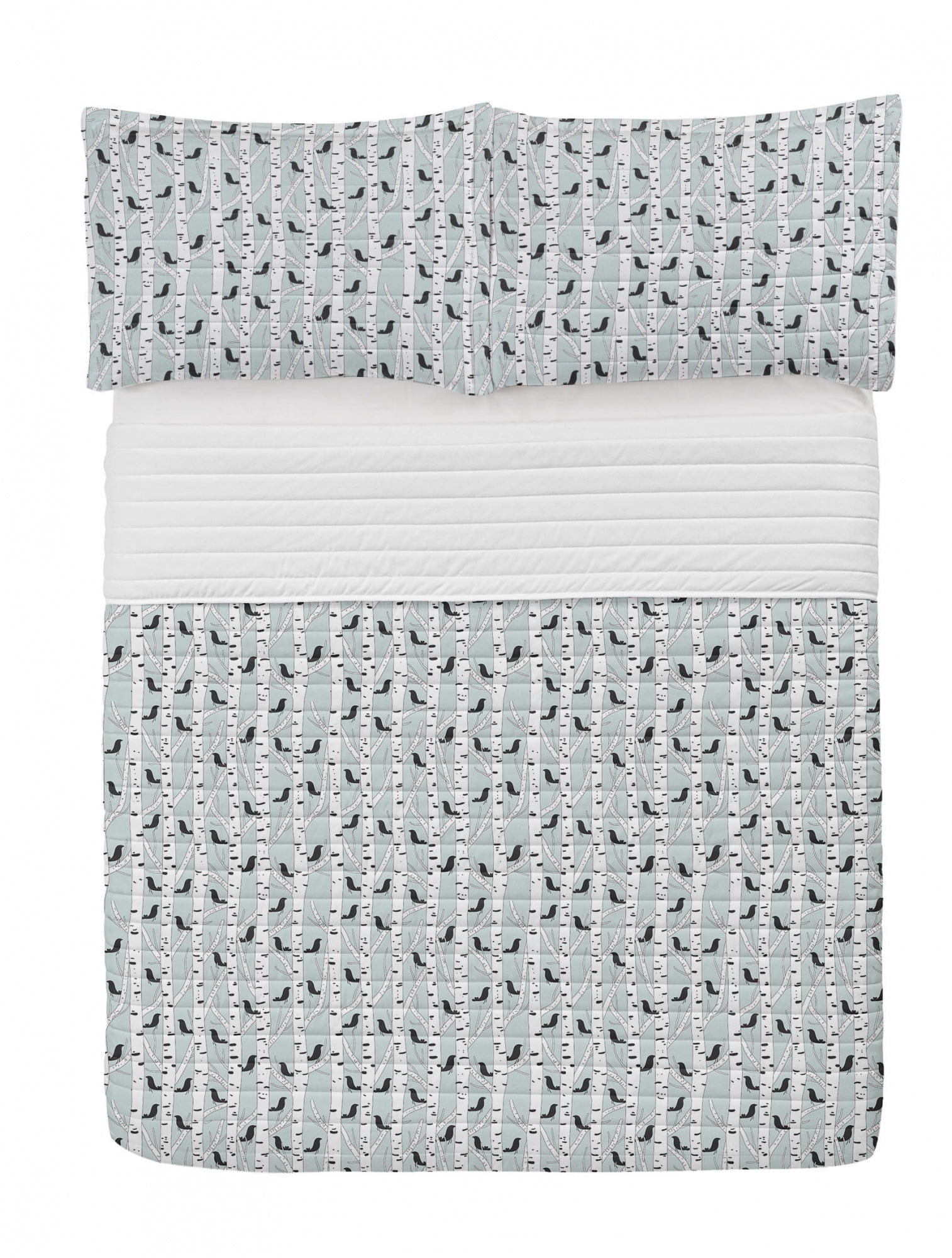 Woodland Microfiber Bedspread Set, Silhouettes of Birds on Birch Trees ...