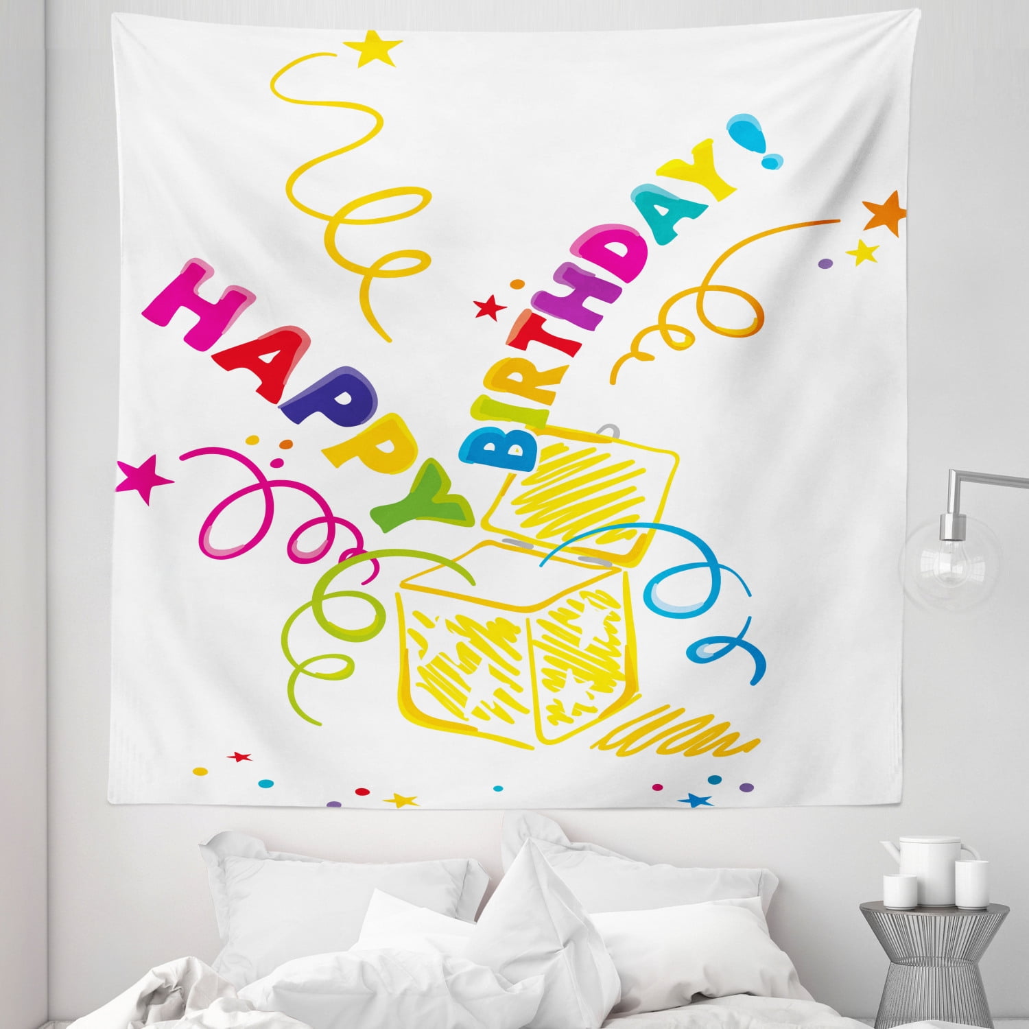 Birthday Tapestry, Surprise in a Box Theme Doodle Style Cheerful ...