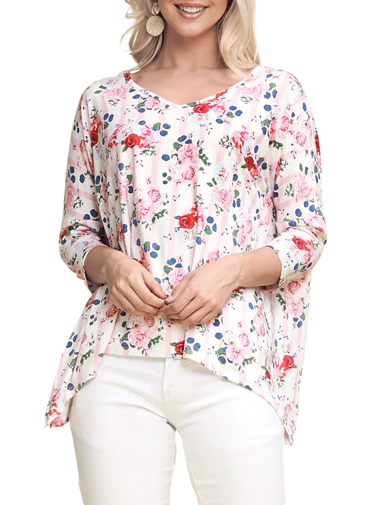 Doublju Women's 3/4 Sleeve Shark Bite Hem V-Neck Top with Plus Size ...